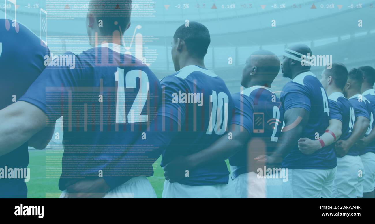Image of statistics and icons over rugby players. global sports ...