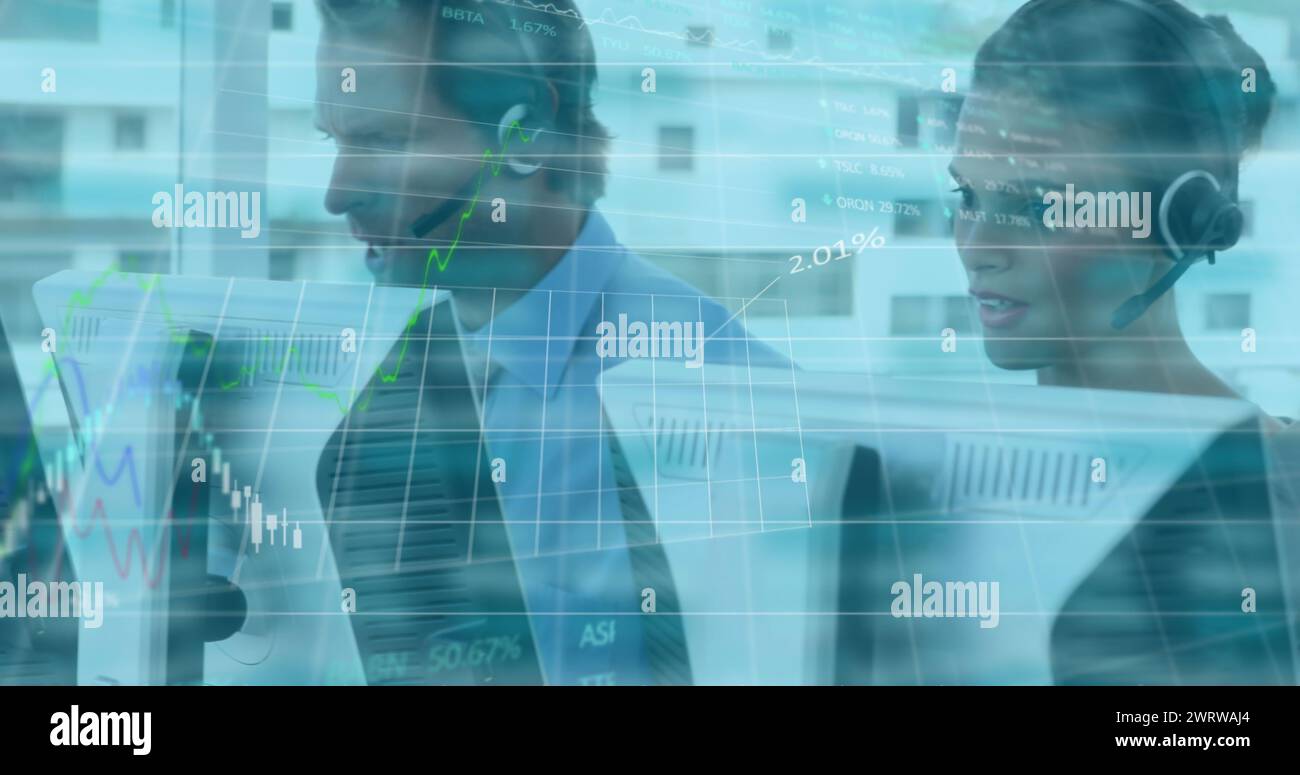 Image of data processing, graphs appearing on a grid over a multi ...