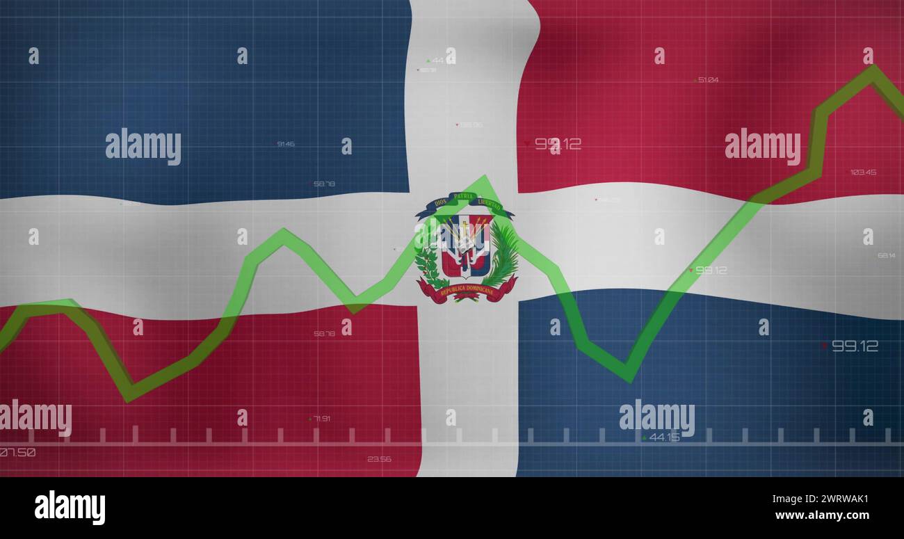 Image of green graph processing data over flag of dominican republic ...