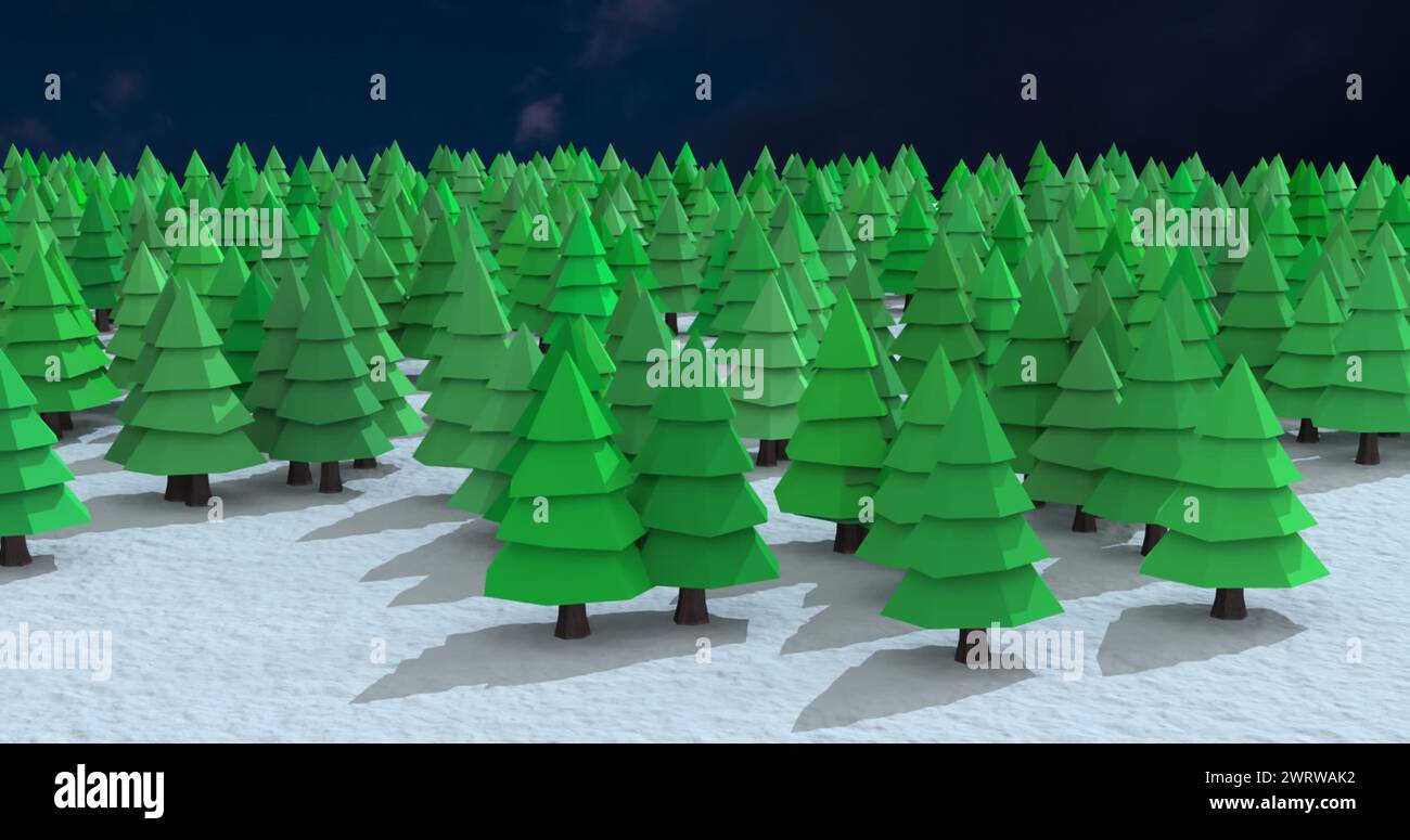 Image of purple fireworks exploding over fir trees and winter landscape ...