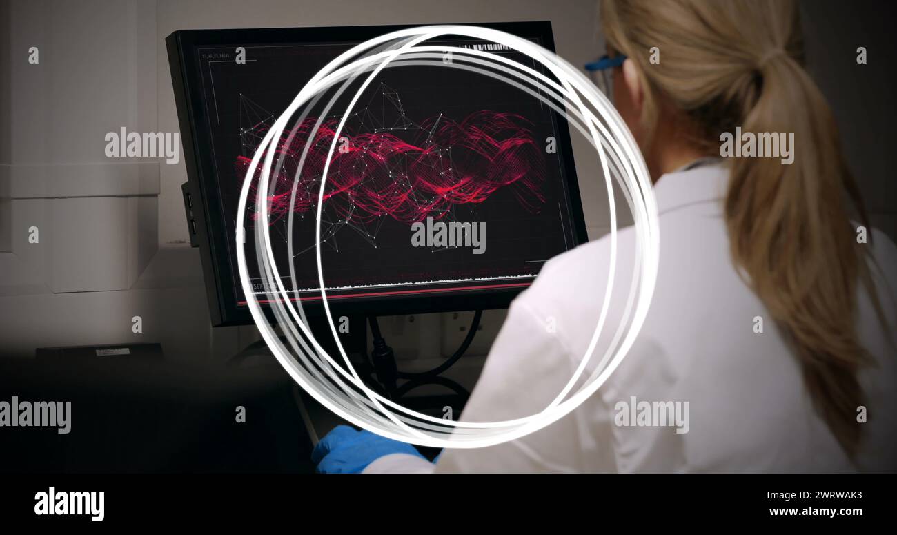 Image of circles spinning over female scientist using computer. global ...