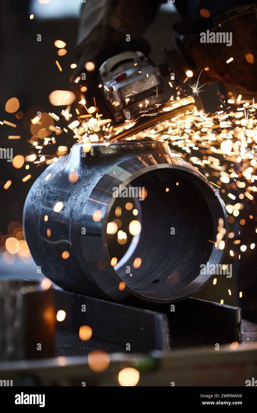 Worker grinding on a metal tube with yellow sparks flying Stock Photo ...