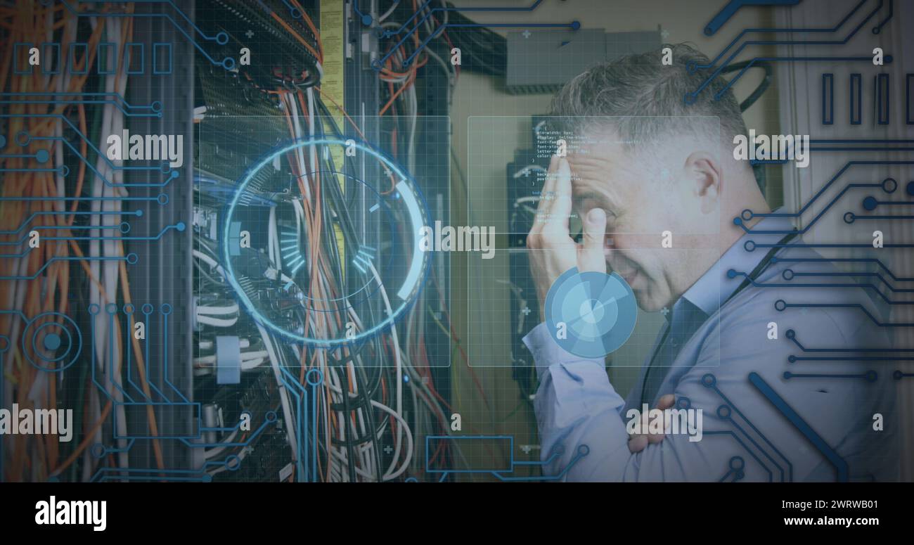 Image of scope scanning and data processing over caucasian it man computer server Stock Photo ...