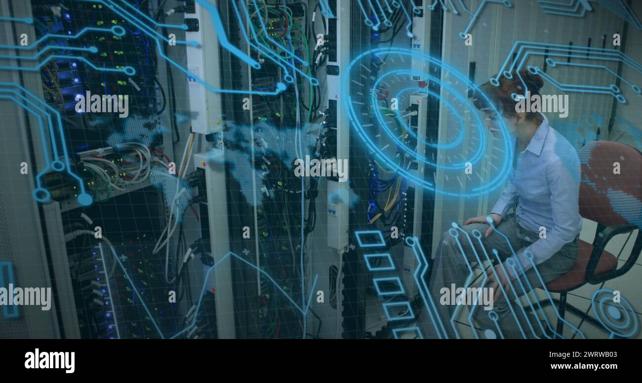 Image of scope scanning and data processing over caucasian it woman computer server Stock Photo ...
