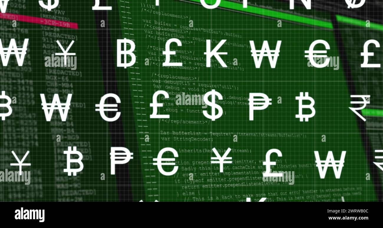Image of currency symbols over data processing on green background ...