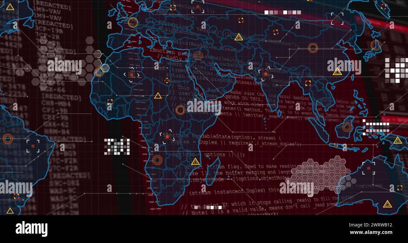 Digital image of world map over data processing against black ...