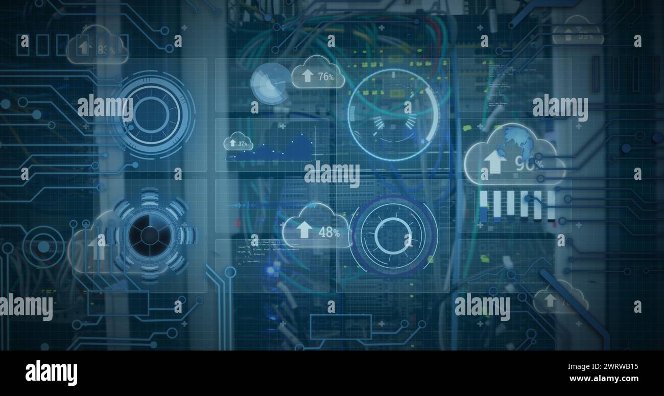 Image of scope scanning clouds, and data processing over cables in computer server Stock Photo ...