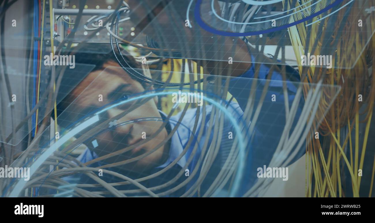 Image of scope scanning and data processing over caucasian it man computer server Stock Photo ...