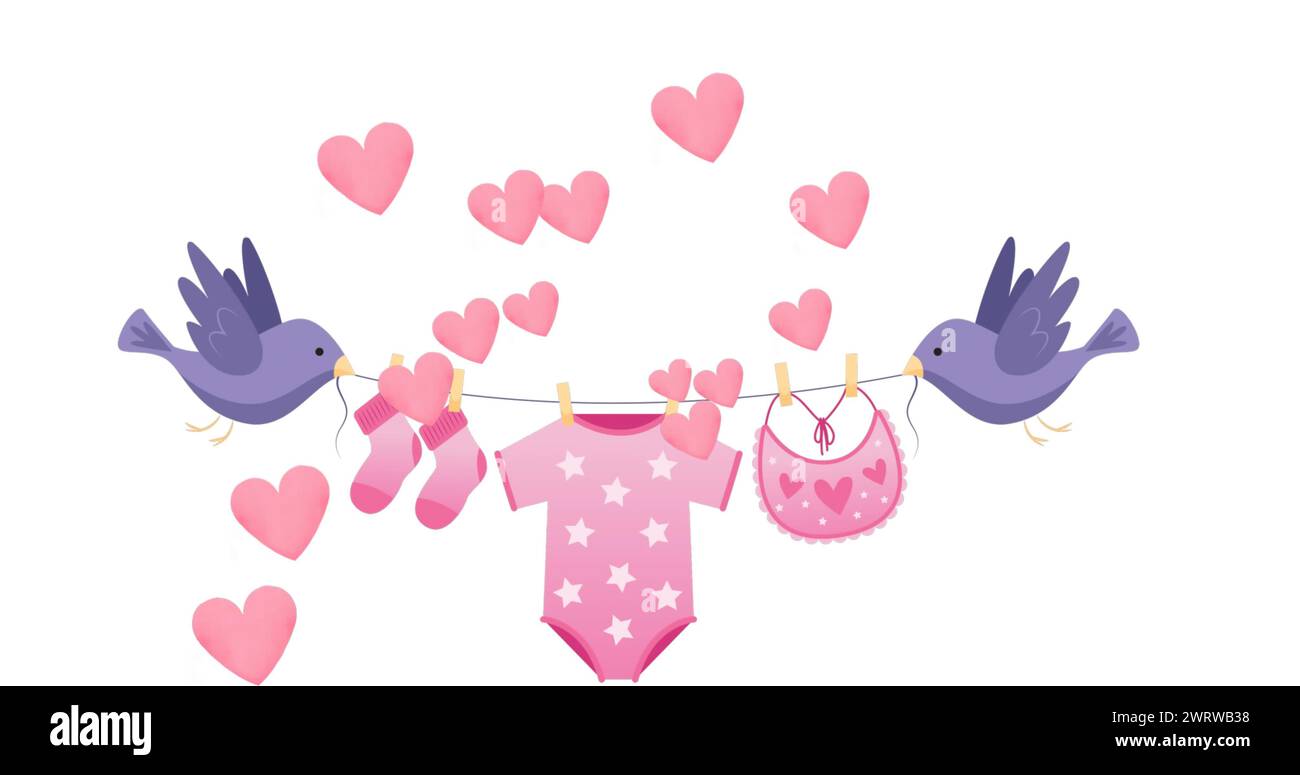 Image of birds holding string with baby clothes over white background ...