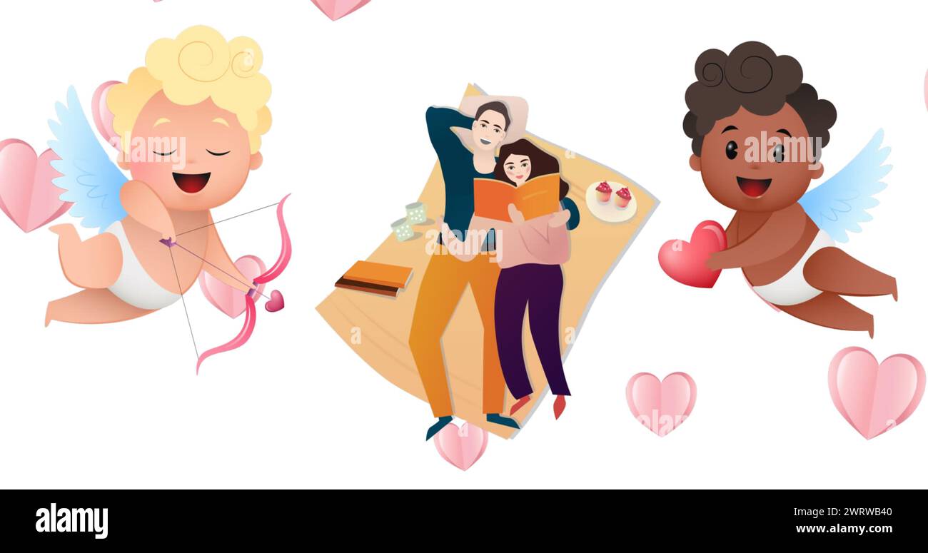 Image of caucasian couple reading on blanket over white background with ...