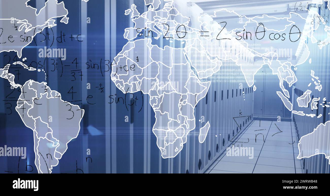 Image of data processing and world map over server room Stock Photo - Alamy