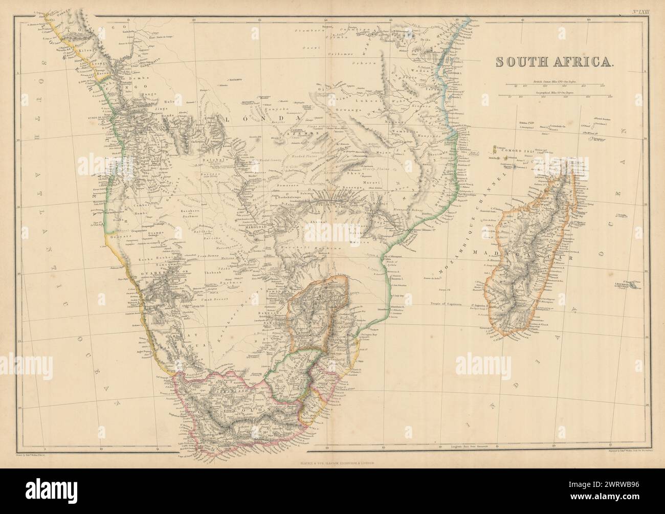 Southern Africa & Madagascar by Edward Weller 1860 old antique map plan ...