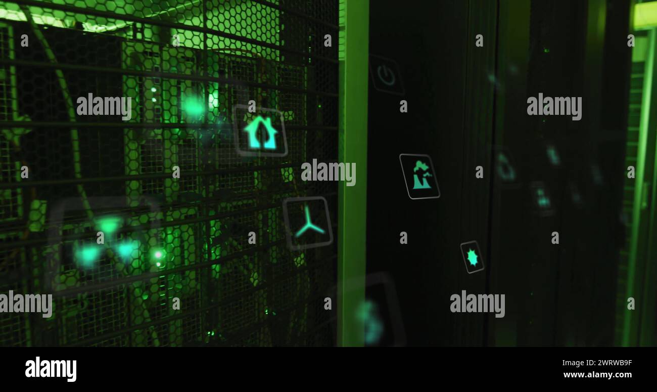 Image of eco icons and data processing over computer servers Stock Photo - Alamy