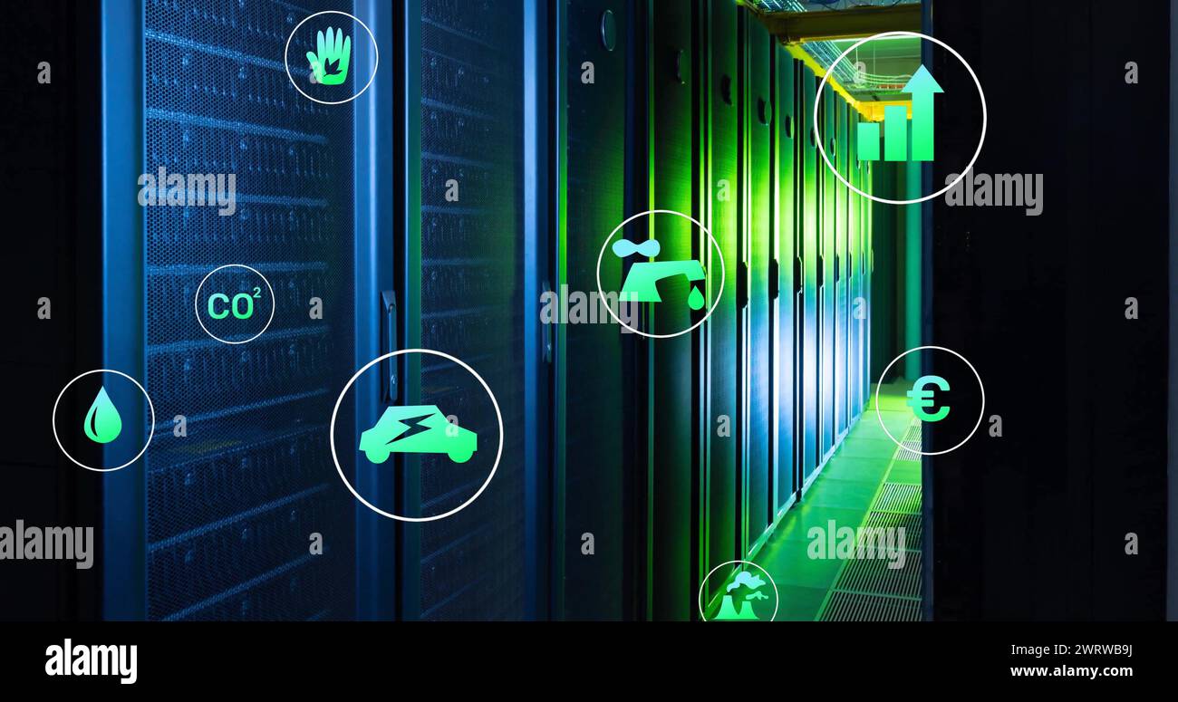 Image Of Eco Icons And Data Processing Over Computer Servers Global