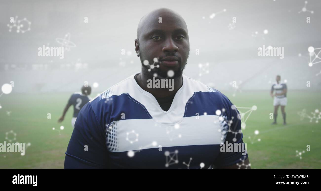 Image of chemical structures over male rugby players at stadium Stock ...