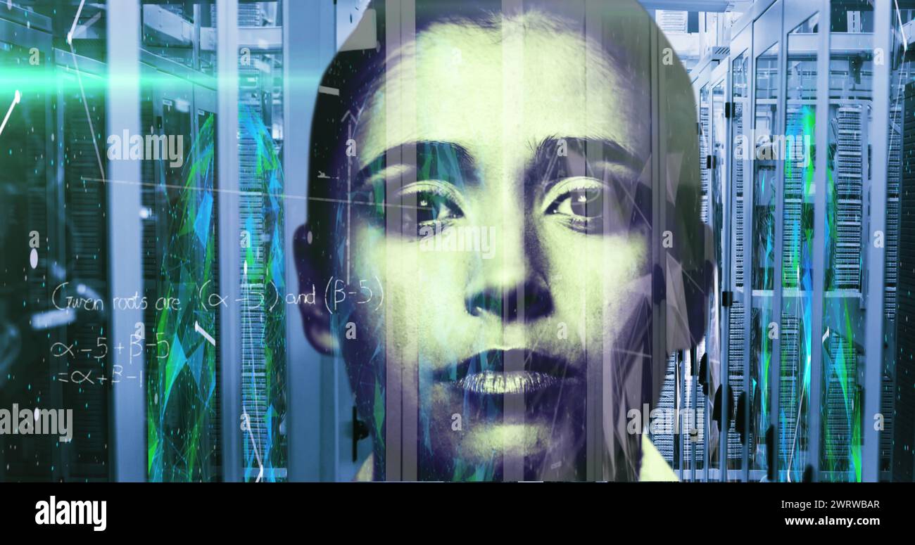 Image of mathematical equations data, molecules and lights moving over ...