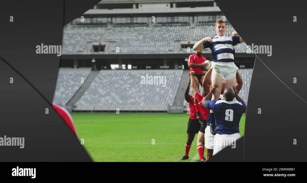 Image of black shapes over male rugby players at stadium Stock Photo ...