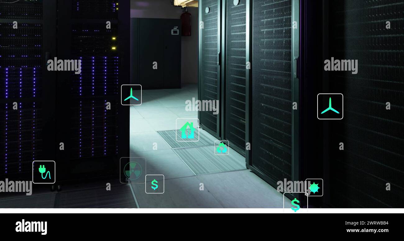 Image of eco icons and data processing over computer servers Stock Photo - Alamy