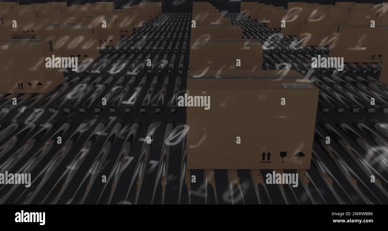 Image of binary coding numbers changing over cardboard boxes on ...