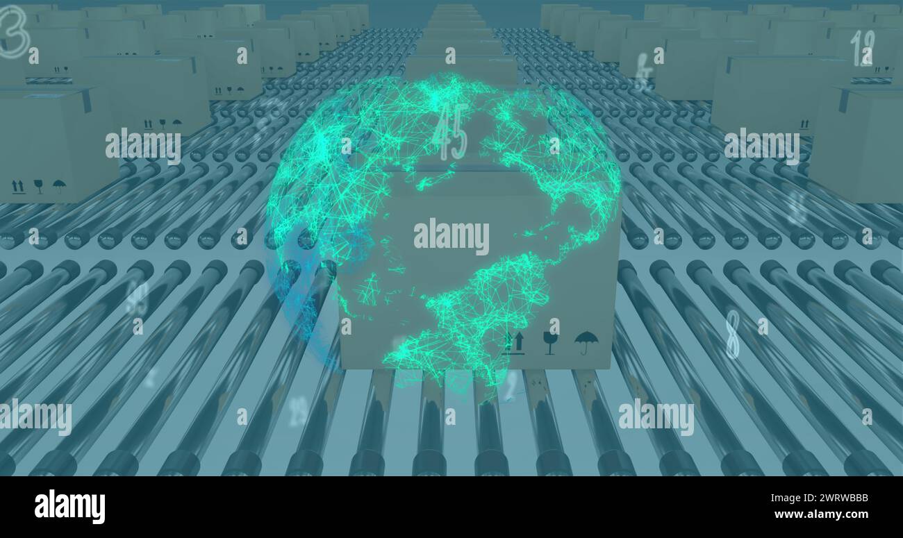 Image of numbers changing and globe spinning over cardboard boxes on ...