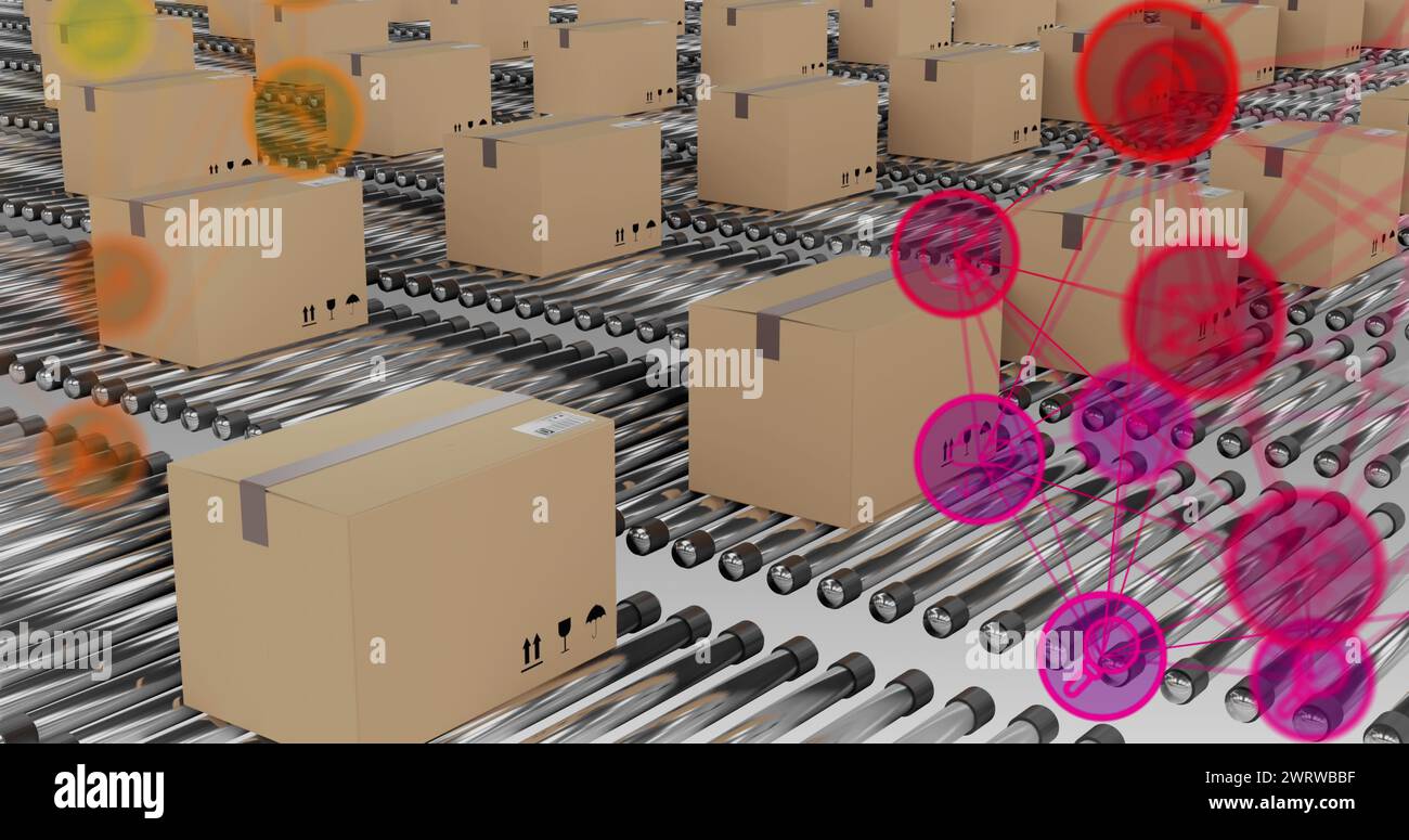 Image of networks of connections over cardboard boxes on conveyor belts ...