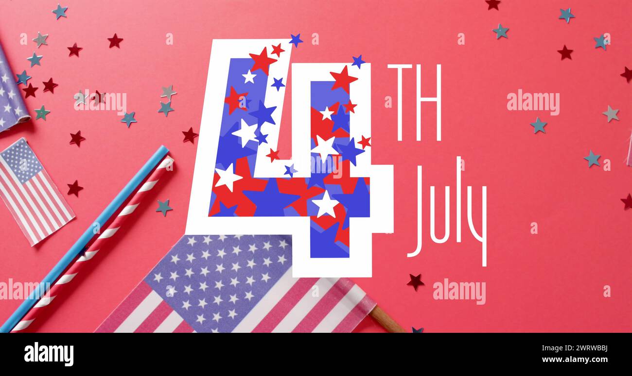 Image of 4th of july text over flags of united states of america on red ...