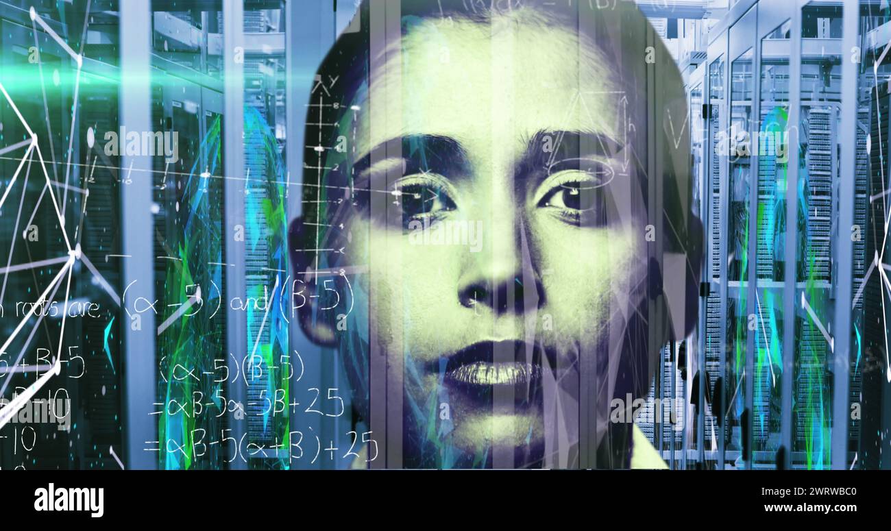 Image of mathematical equations data, molecules and lights moving over ...