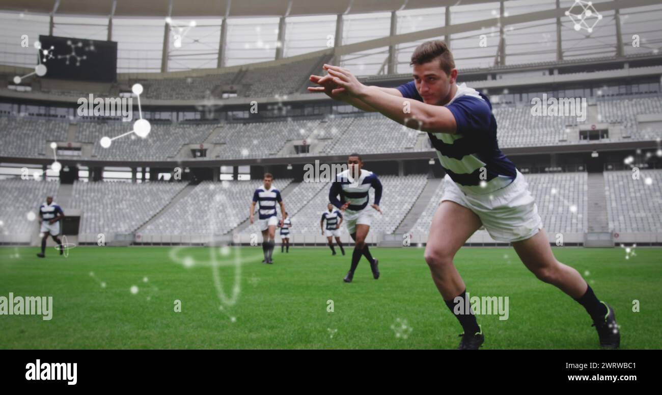 Image of chemical structures over male rugby players at stadium Stock ...