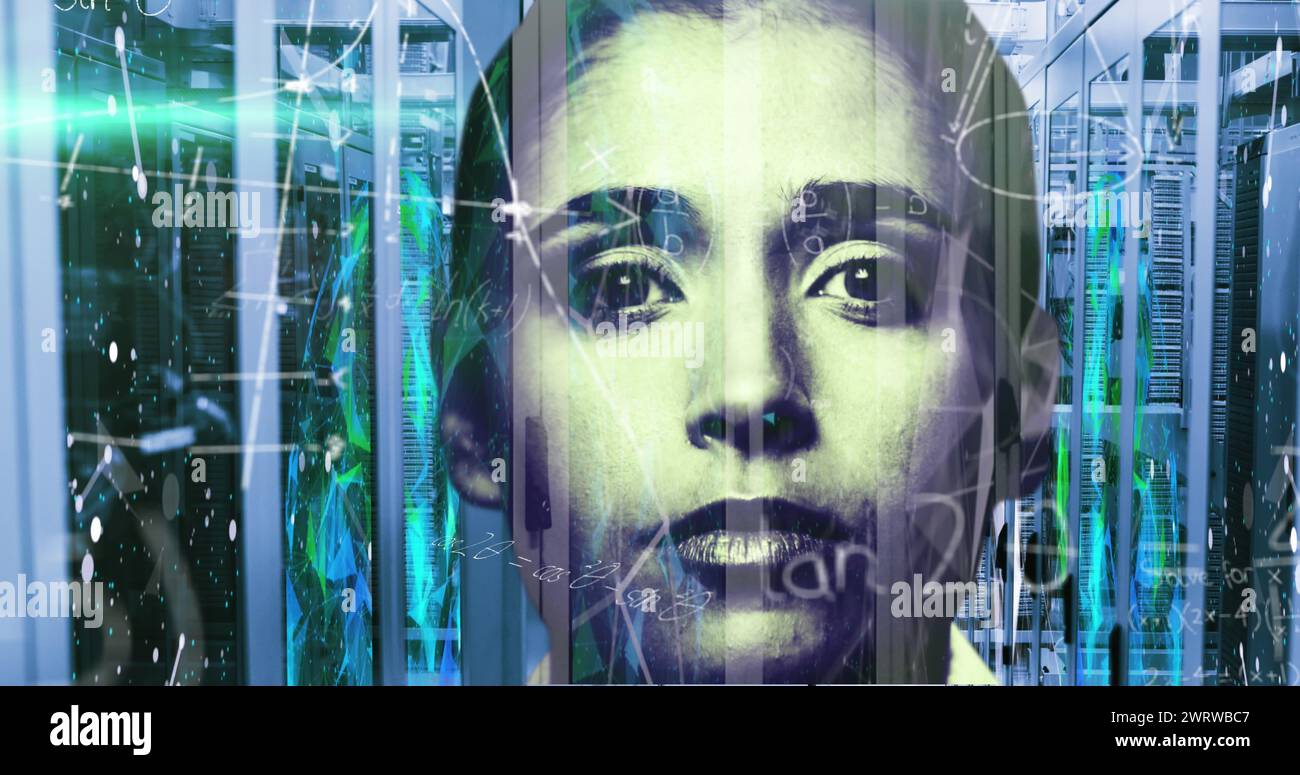 Image of mathematical equations data, molecules and lights moving over ...