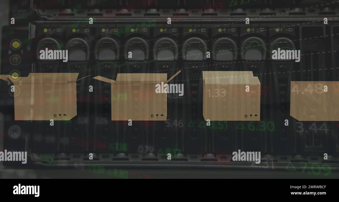 Image of computer server with data processing over cardboard boxes on ...