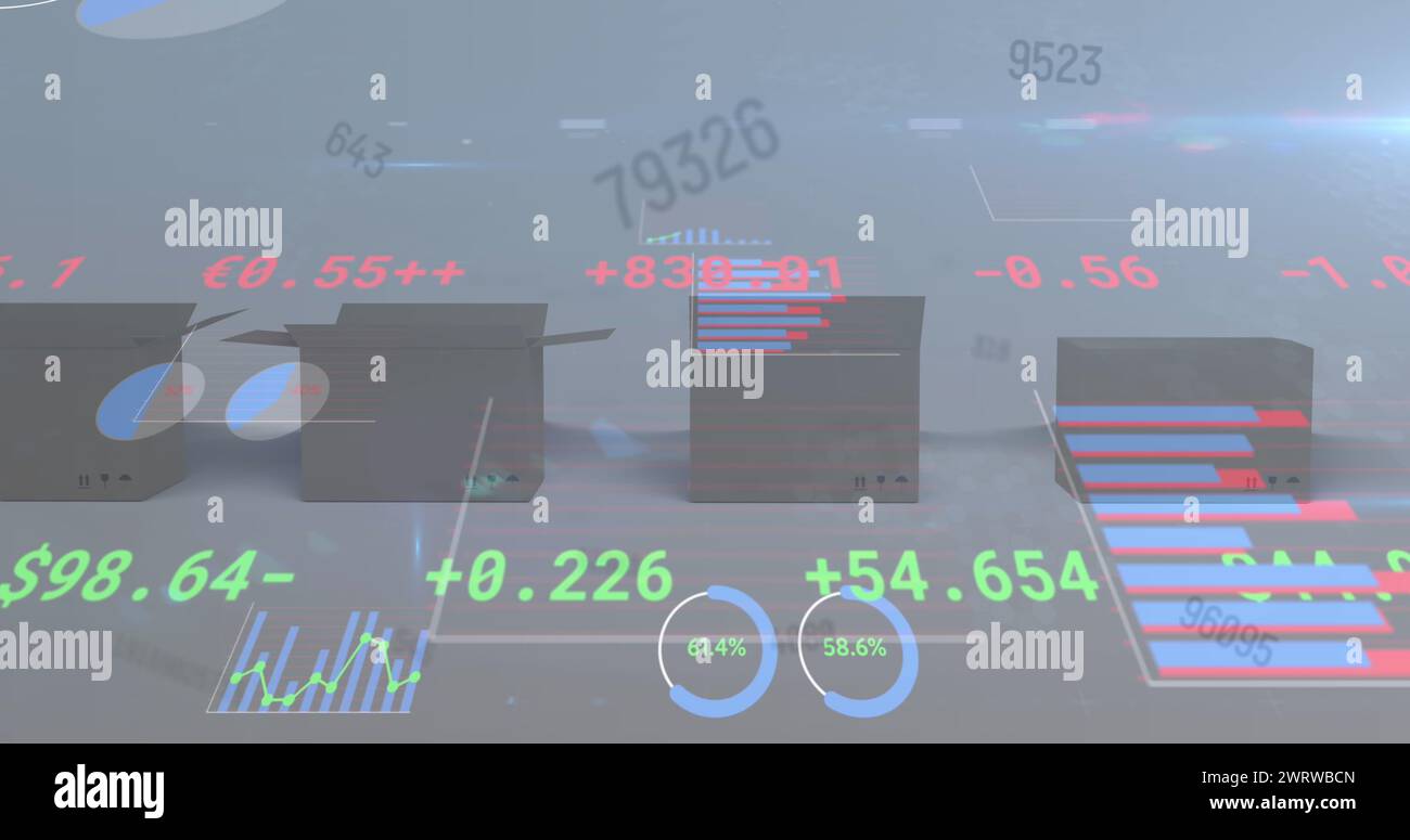 Image of statistics recording and data processing over cardboard boxes ...