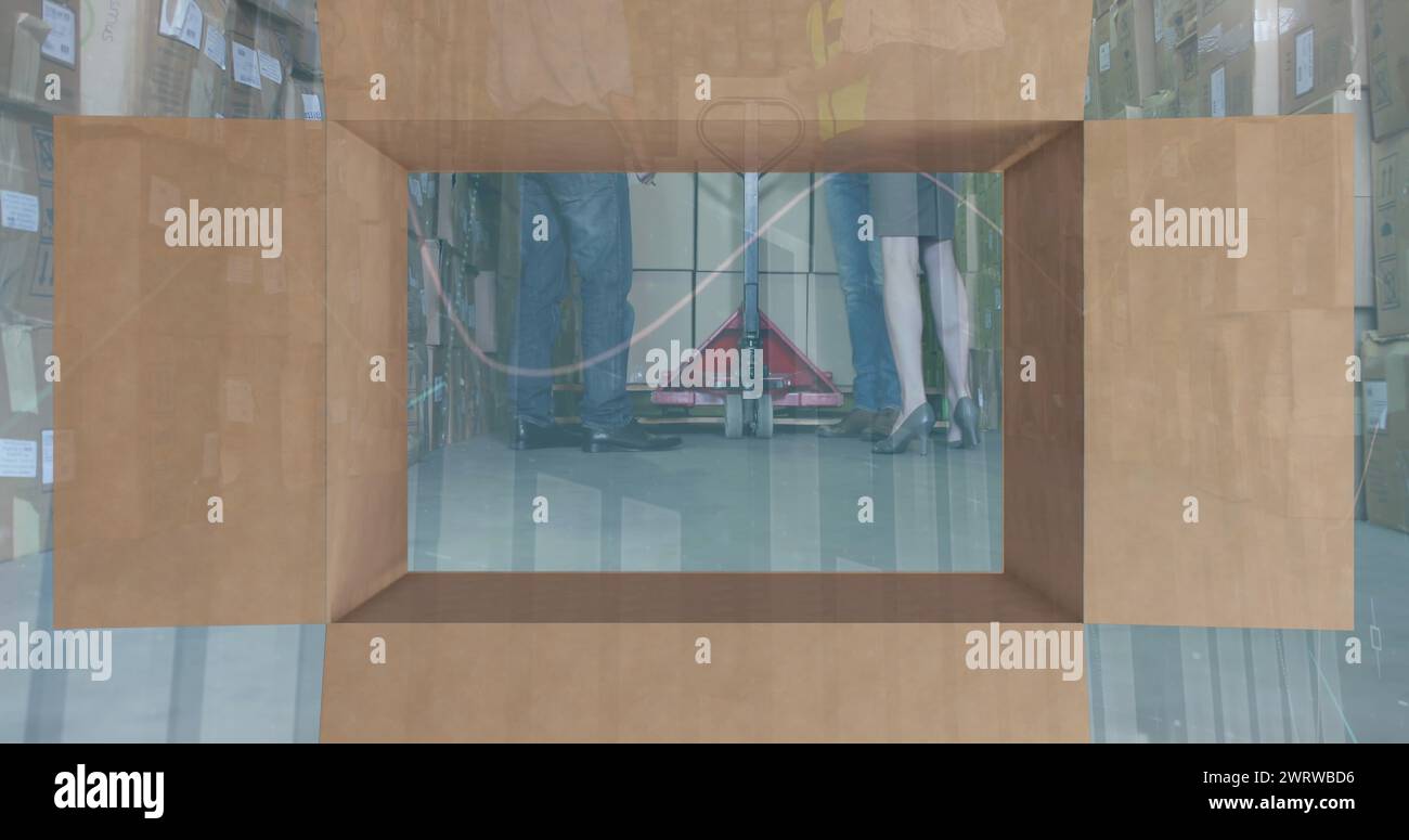 Image of statistics and data processing over people in logistic centre ...