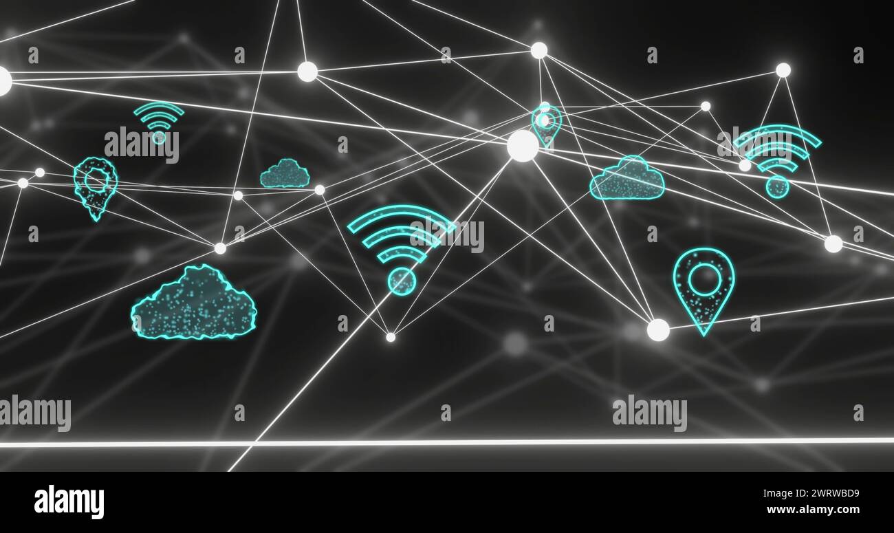 Image of network of connections and digital icons over black background ...