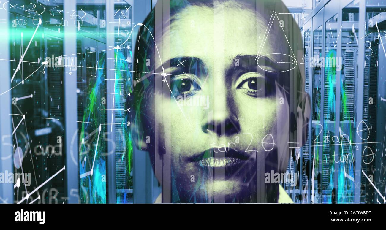 Image of mathematical equations data, molecules and lights moving over ...