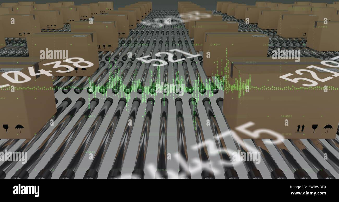 Image of numbers changing and data processing over cardboard boxes on ...