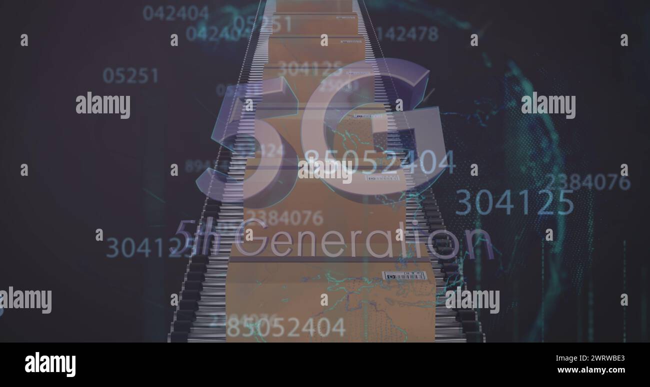 Image of numbers changing and 5g 5th generation text over cardboard boxes on conveyor belt Stock ...