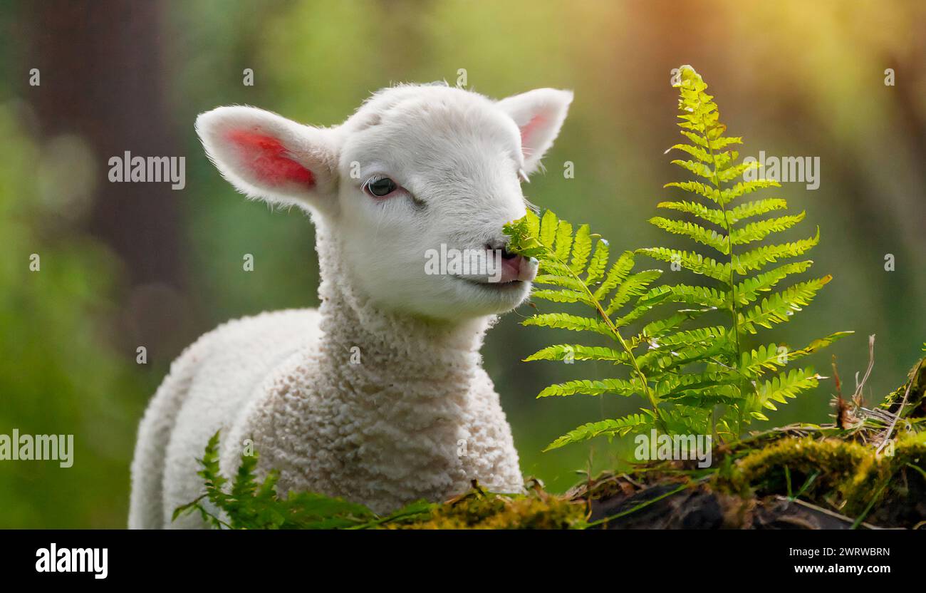 Little white lamb in the forest under the sunlight Stock Photo - Alamy