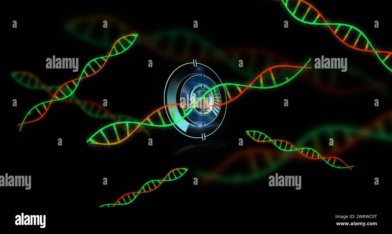 Image of scope scanning over dna strands on black background Stock ...