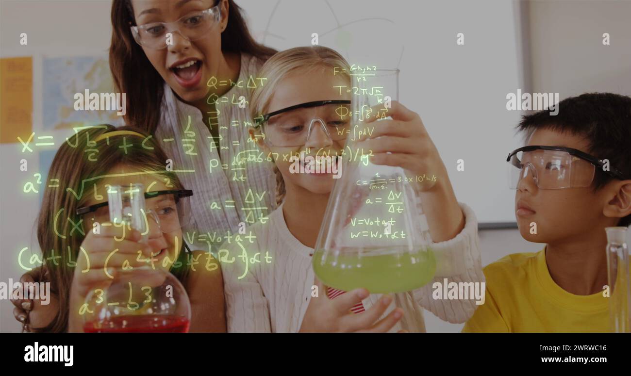 Image of mathematical equations over diverse schoolchildren with ...