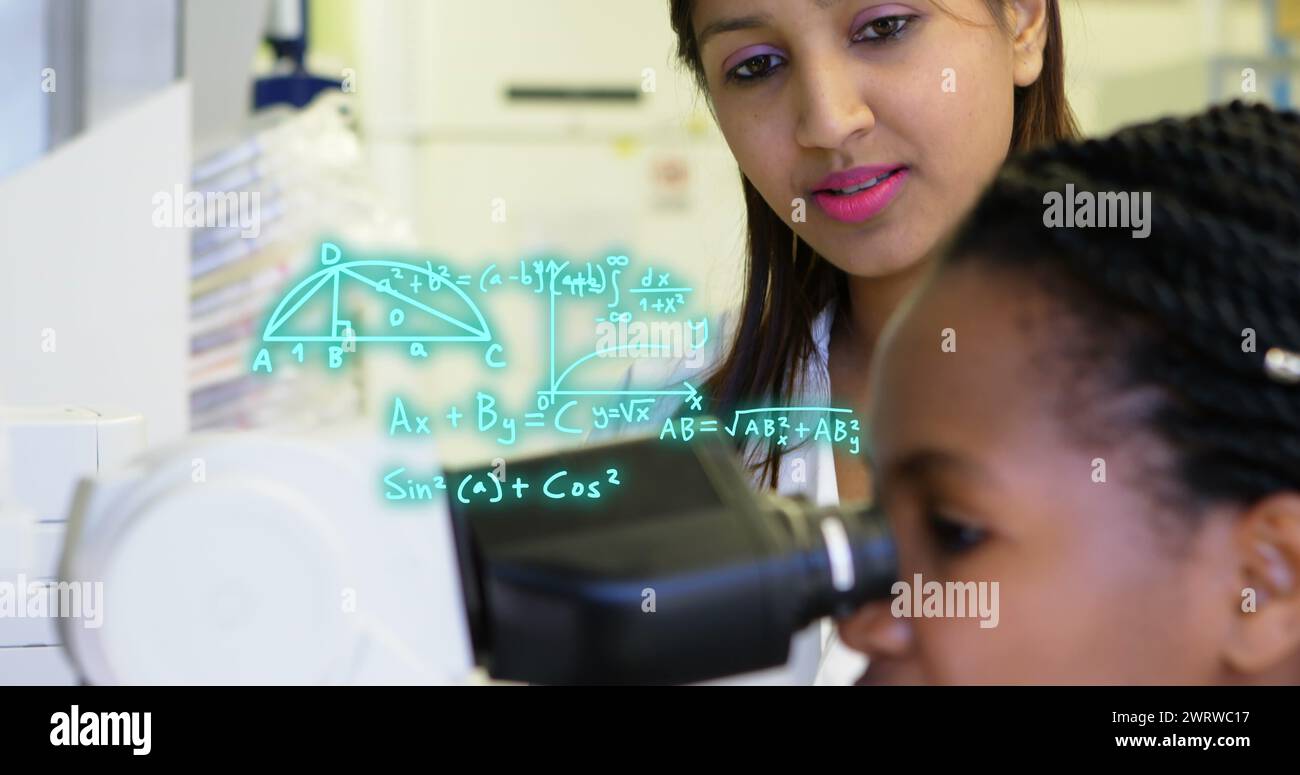 Image of mathematical equations over diverse female doctors using ...