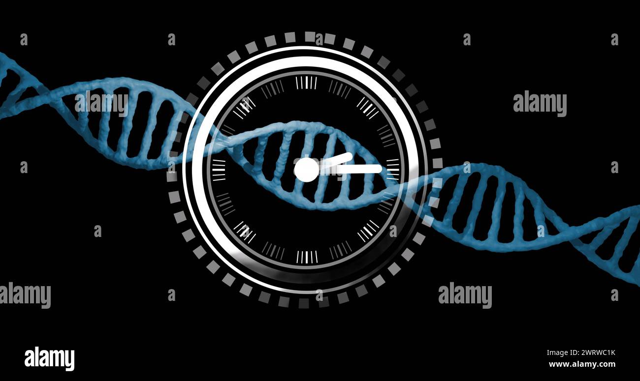 Image of clock moving over dna strand on black background. Global ...