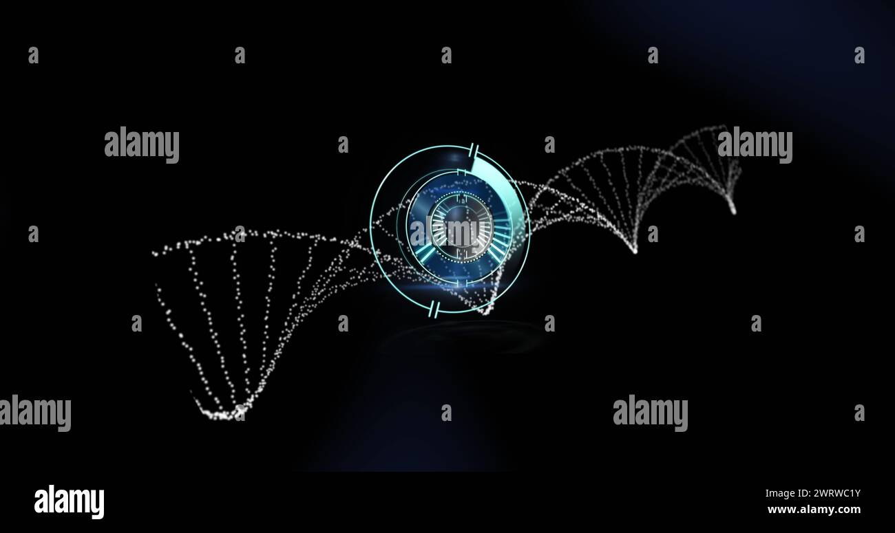 Image of scope scanning over dna strand on black background. Global ...
