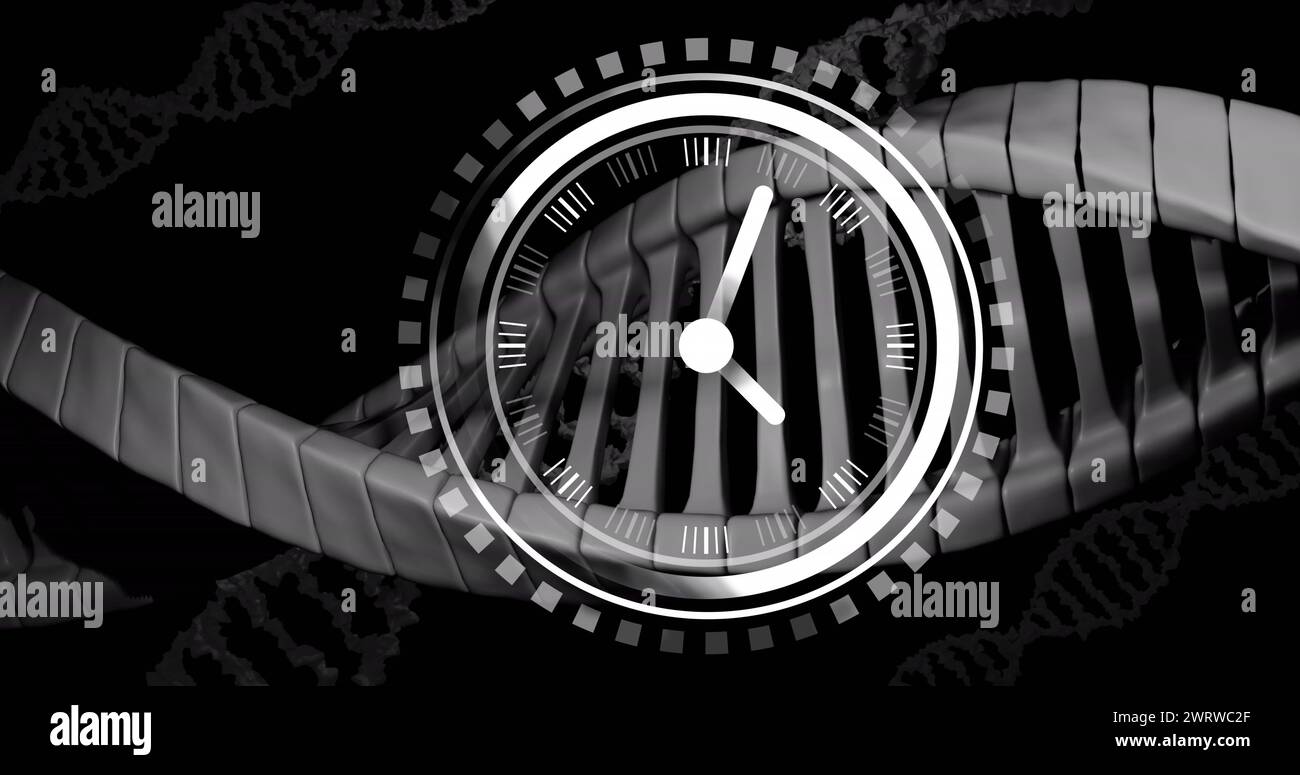 Image of clock moving over dna strands on black background. Global ...