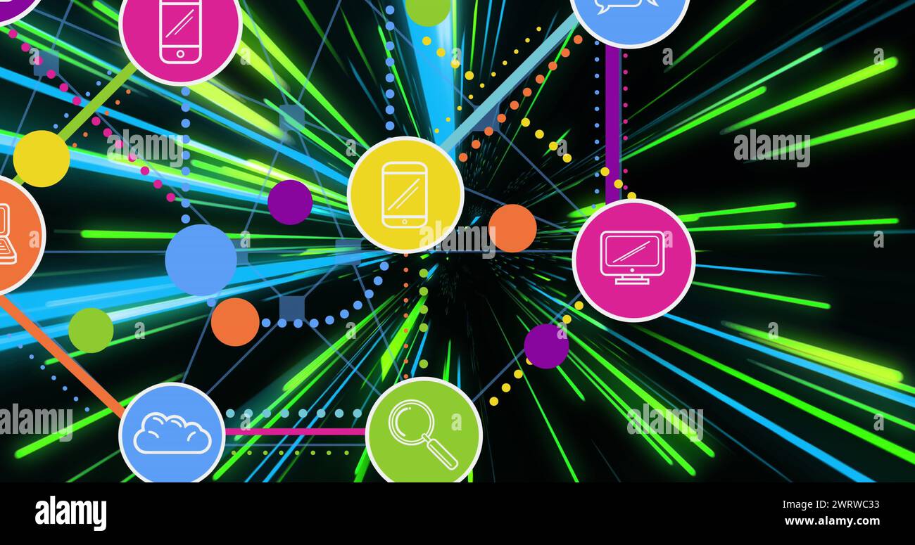 Image of network of connections with icons over green and blue neon ...