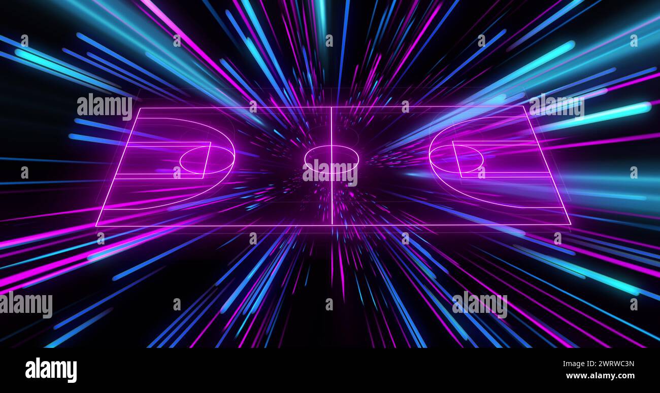 Image of pink neon sports field over pink and blue neon light trails ...