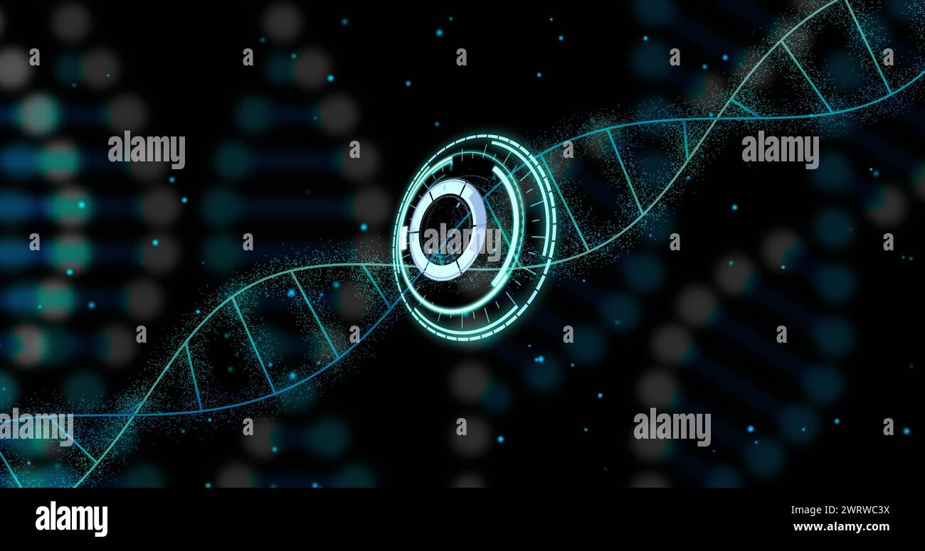 Image of scope scanning over dna strands on black background Stock ...
