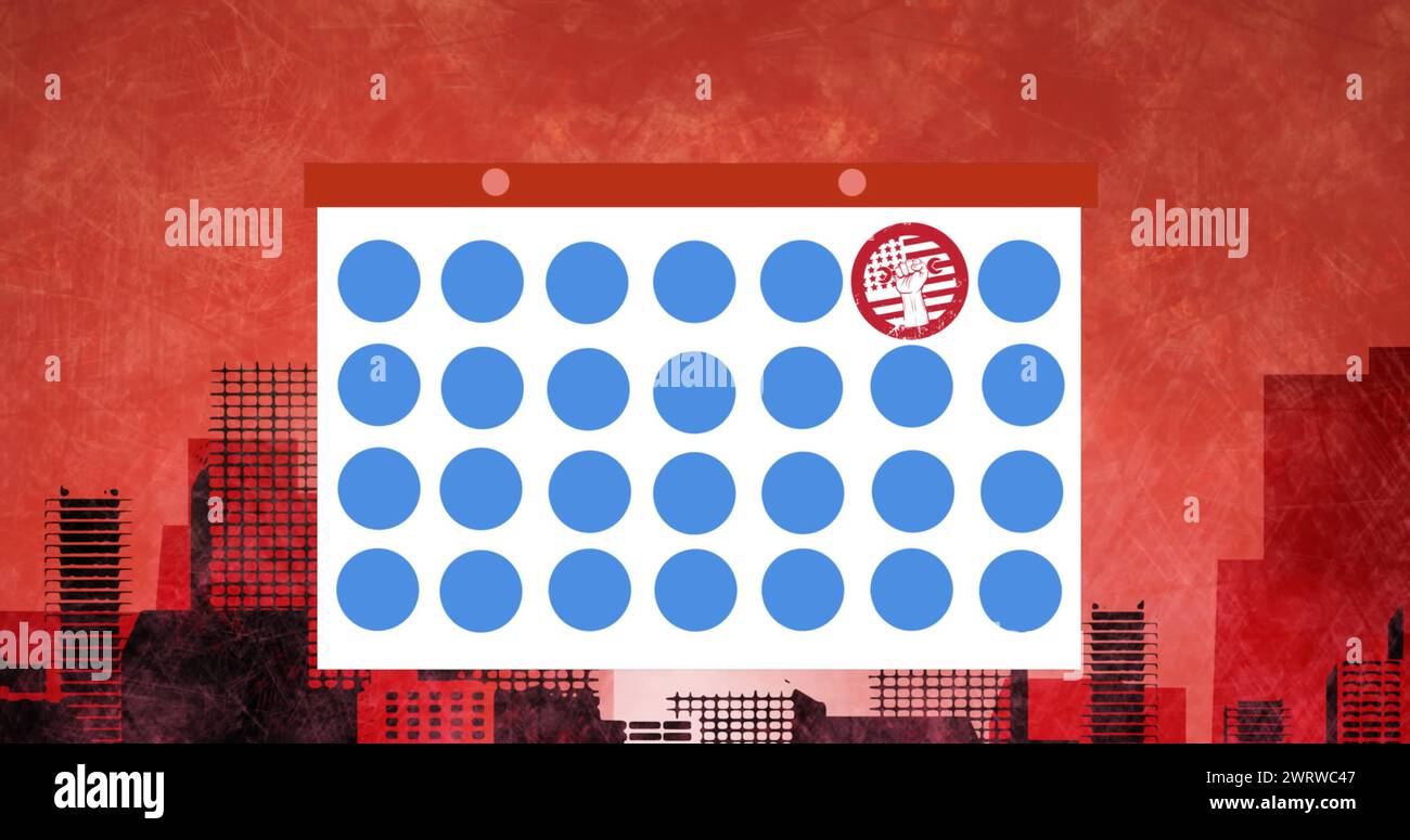 Image of calendar over cityscape on red background Stock Photo - Alamy