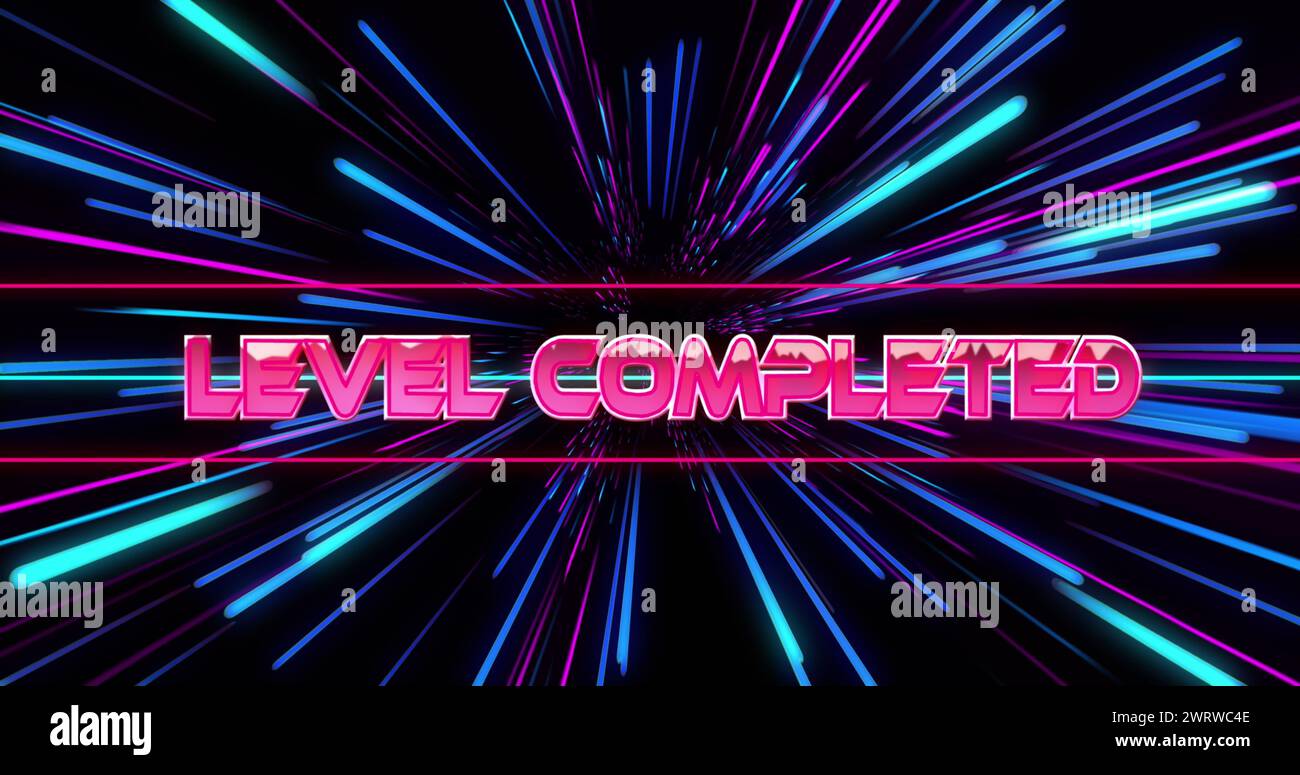 Image of level completed over pink and blue neon light trails Stock ...