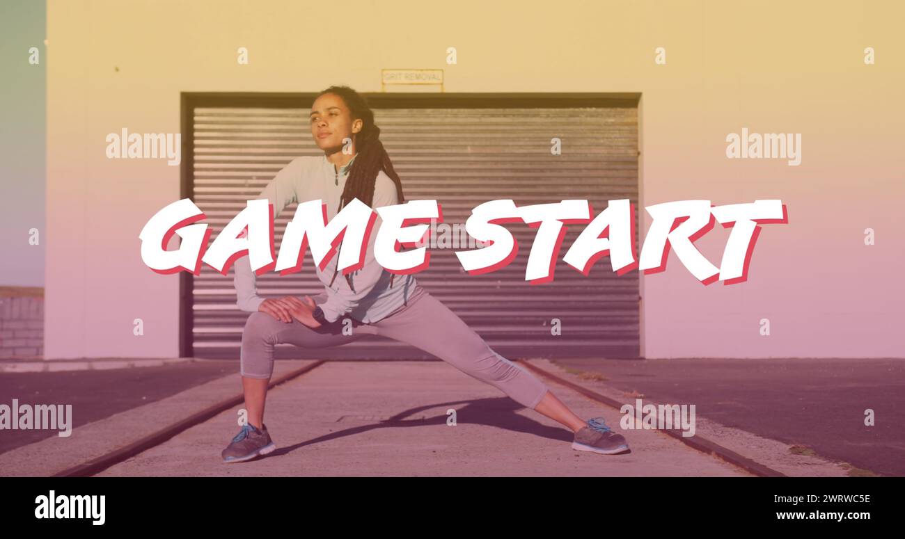 Game start text banner against african american fit woman performing ...