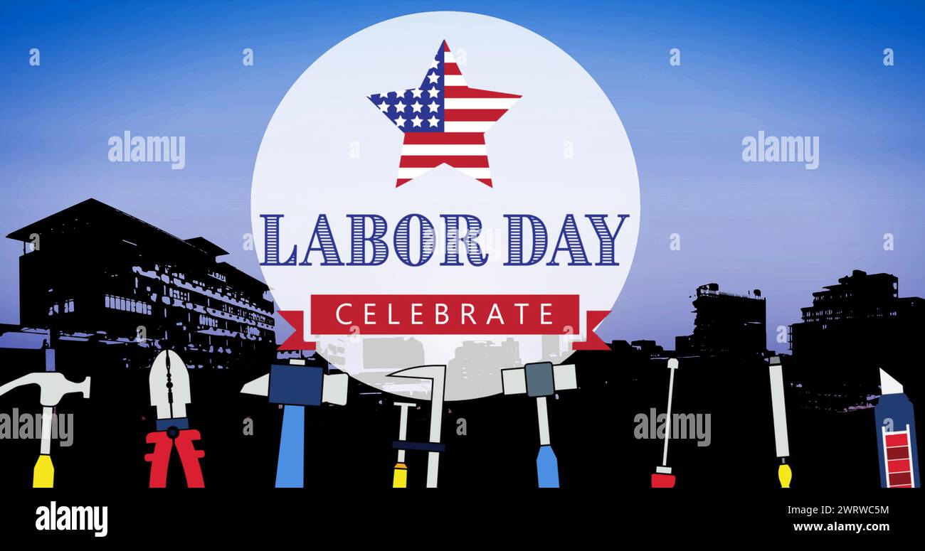 Image of labor day celebrate text over cityscape Stock Photo - Alamy
